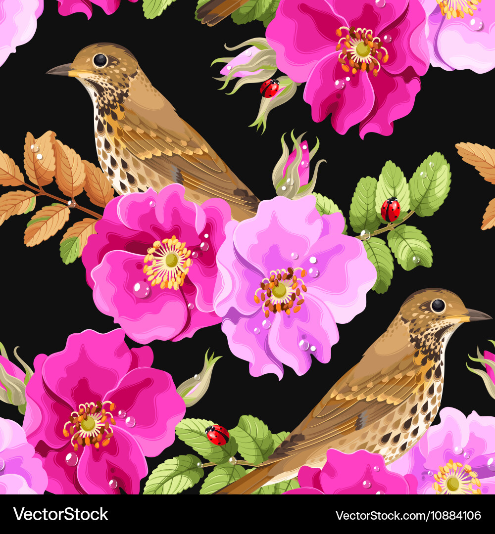 Seamless dog-rose and bird Royalty Free Vector Image
