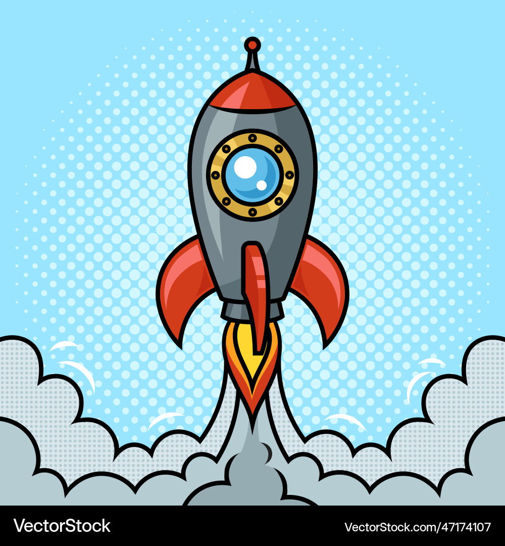 Cartoon rocket takes off pop art Royalty Free Vector Image