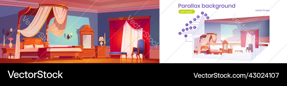 Parallax background luxury bedroom 2d interior Vector Image