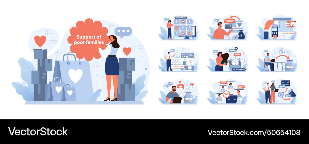 Charity support set flat Royalty Free Vector Image