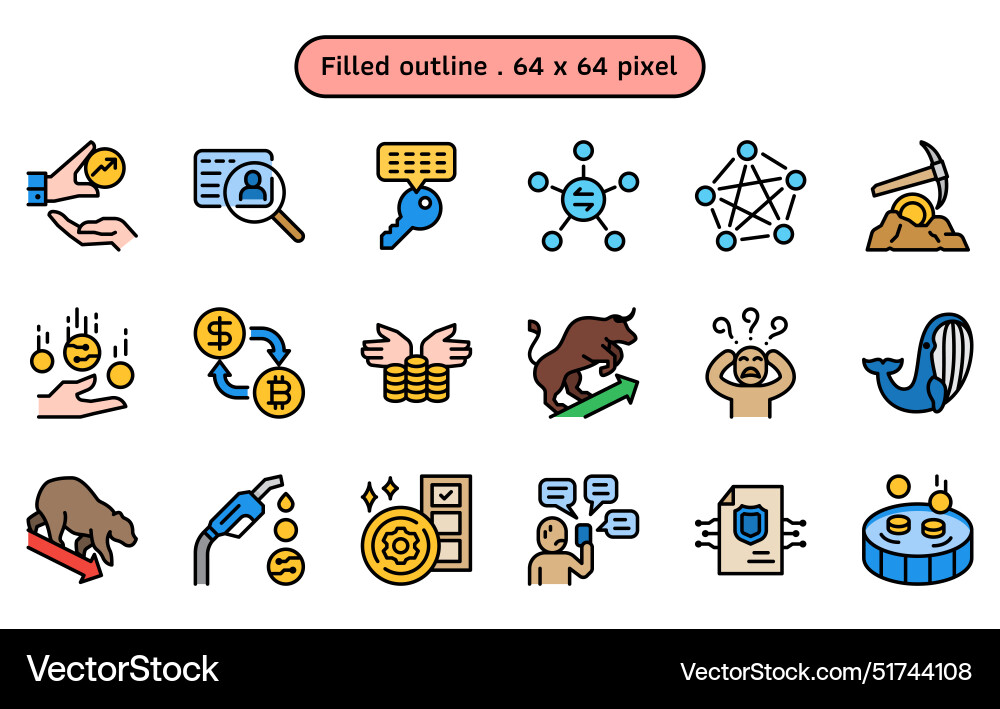 Cryptocurrency and defi icon set in a filled Vector Image