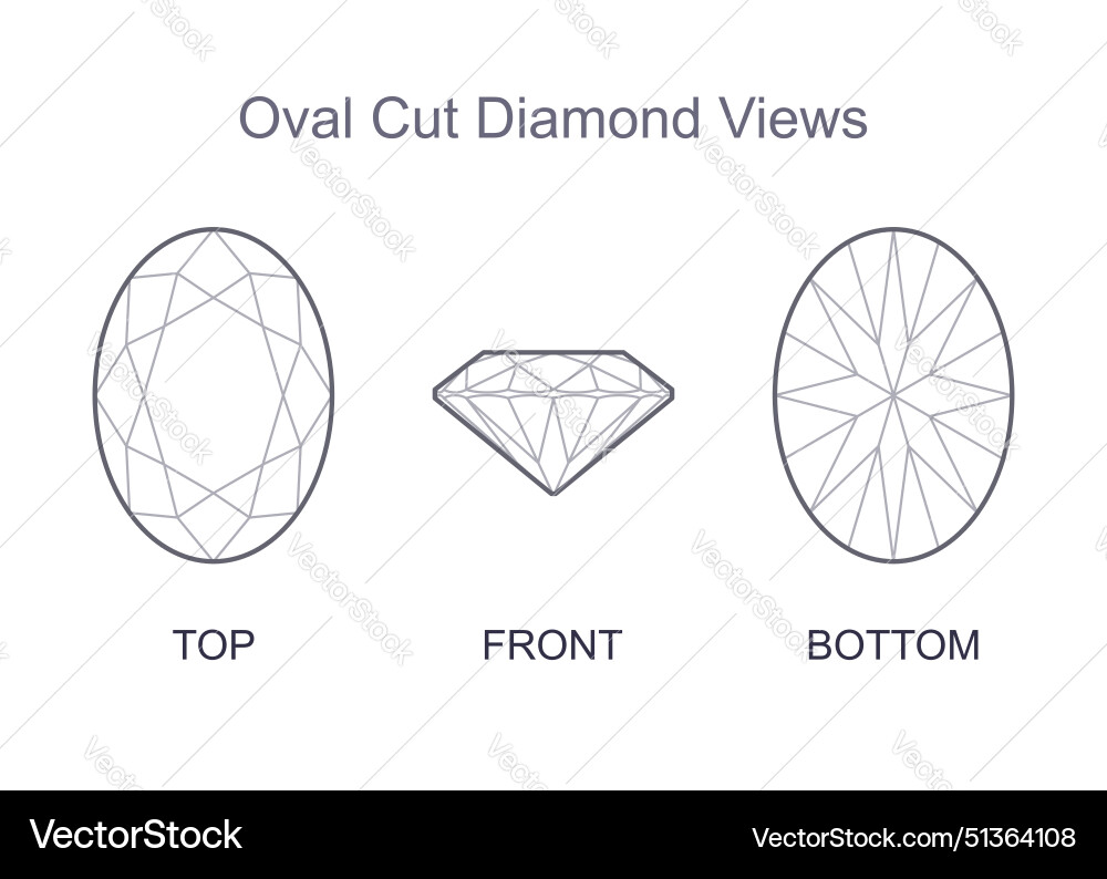 Oval cut gemstone top front and bottom views Vector Image