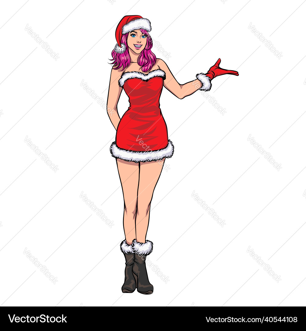 Santa woman stand and gestures presenting Vector Image
