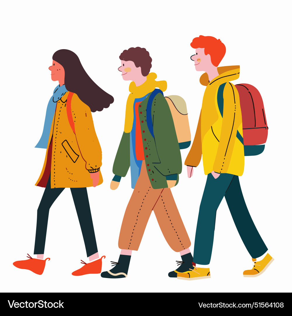 Three people walking side modern casual Royalty Free Vector
