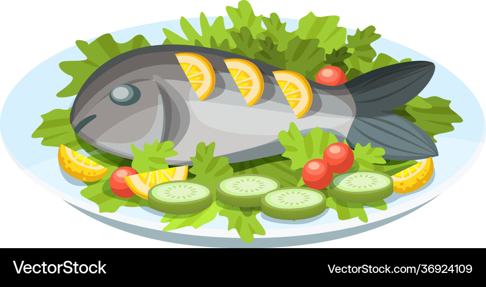 Delicious dish - tender fish meat with greens Vector Image