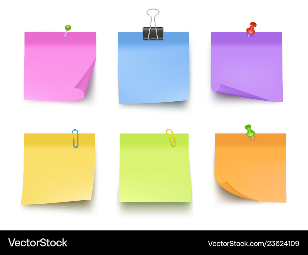 Notes colored sticky papers with pin clips memo Vector Image