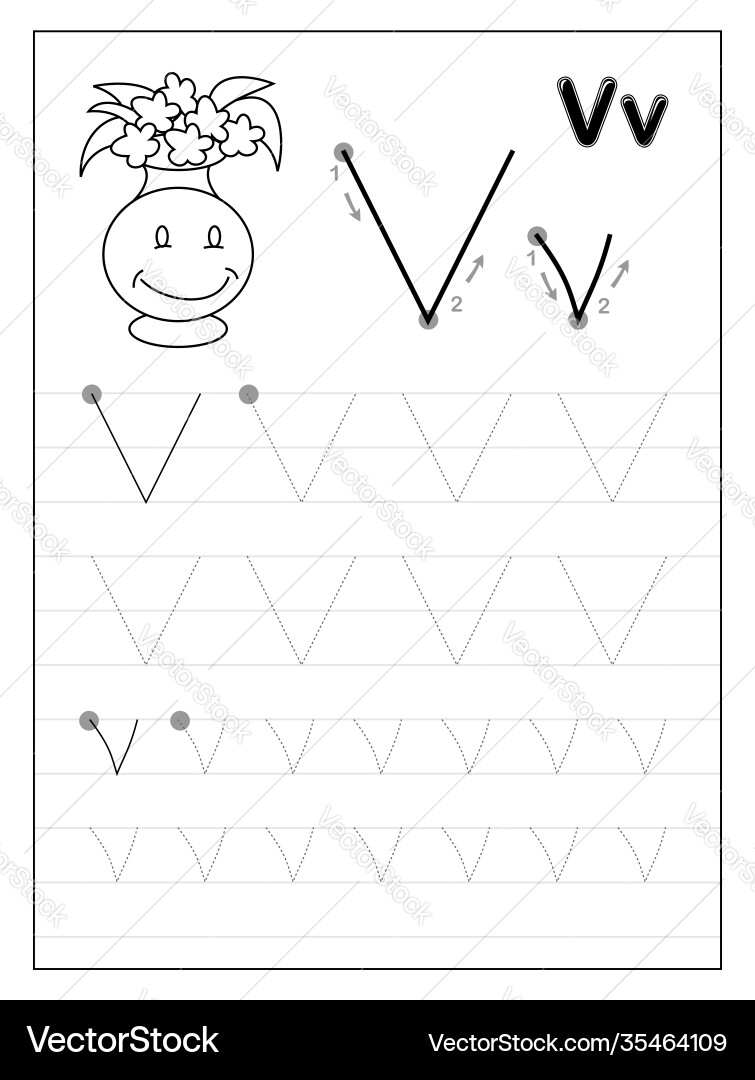 Tracing alphabet letter v black and white Vector Image