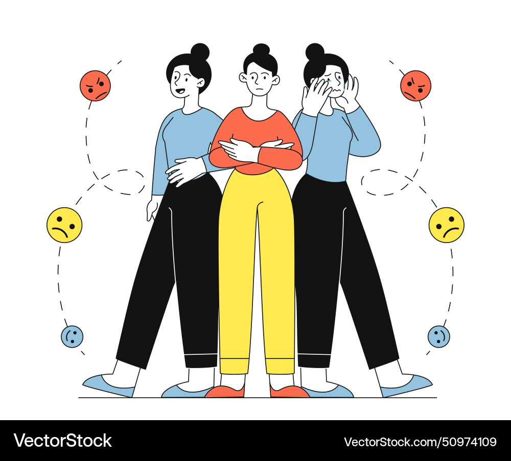 Woman with bipolar mental disorder linear Vector Image