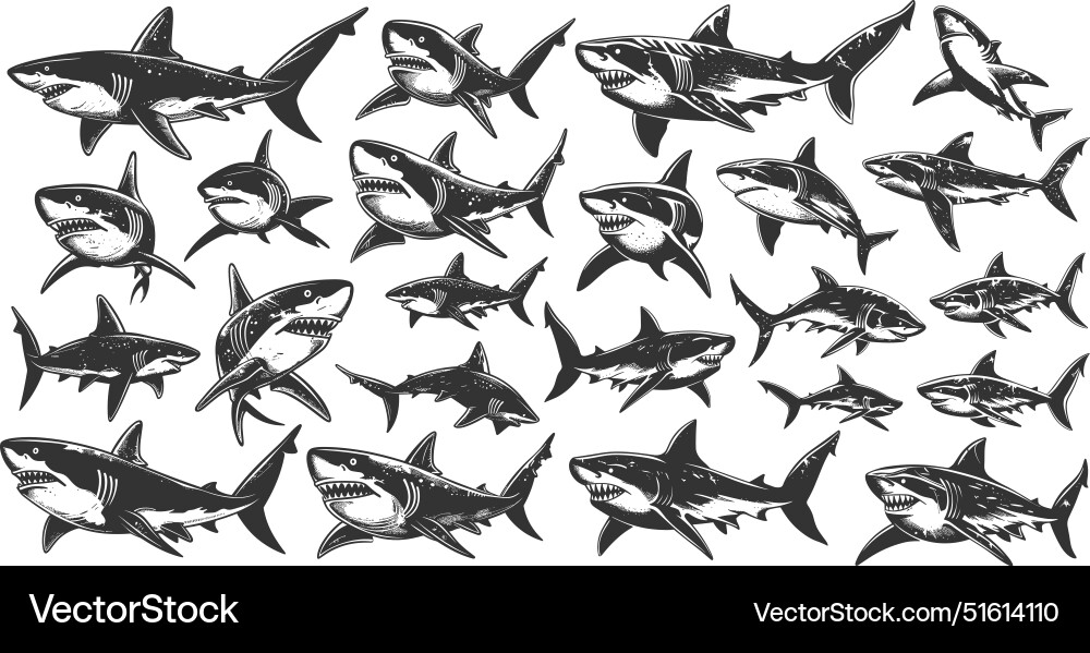 Doodle style sharks icons set hand-drawn simple Vector Image