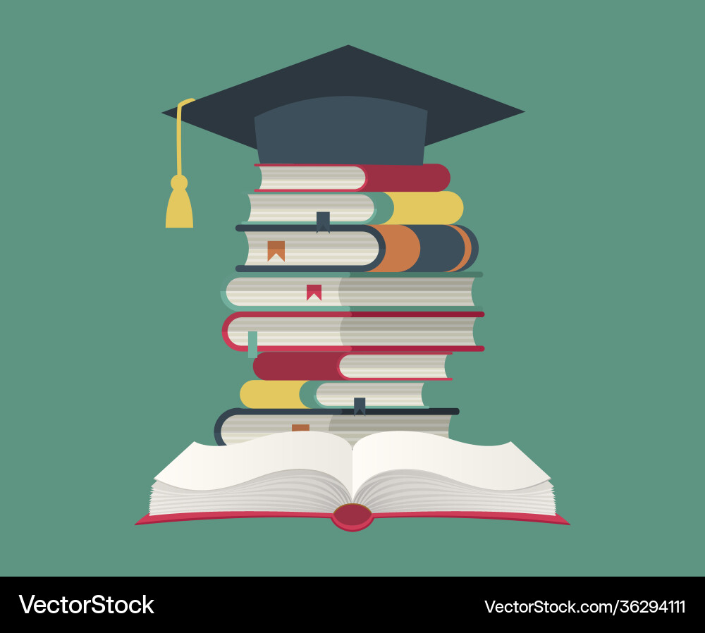Graduation cap on book stack huge pile Royalty Free Vector