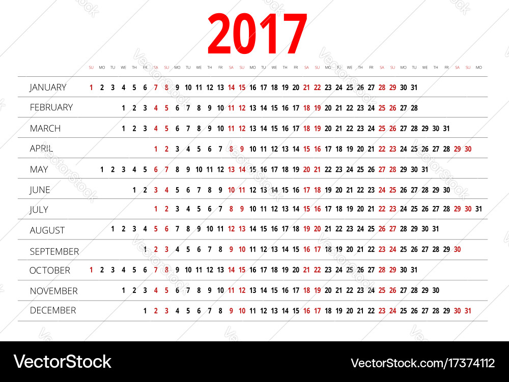2017 calendar print template week starts sunday Vector Image