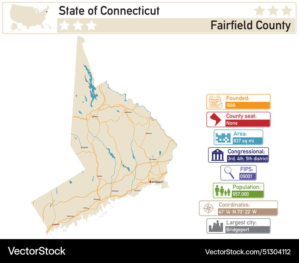 Map of fairfield county in connecticut usa Vector Image