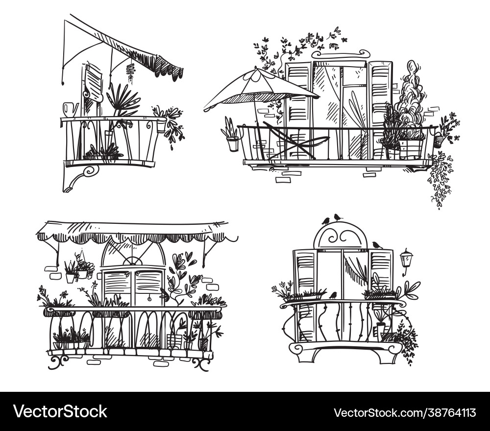 Balcony garden set line drawings cute Royalty Free Vector