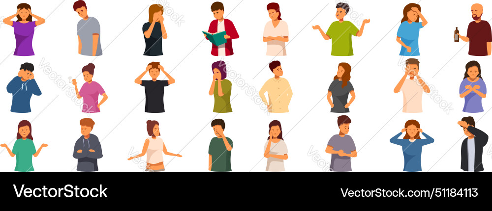 Feeling overwhelmed icons set cartoon Royalty Free Vector