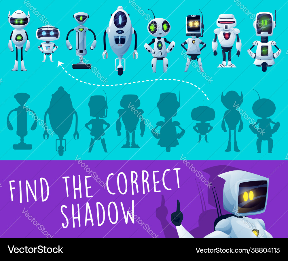 Kids game find a correct robot shadow puzzle Vector Image