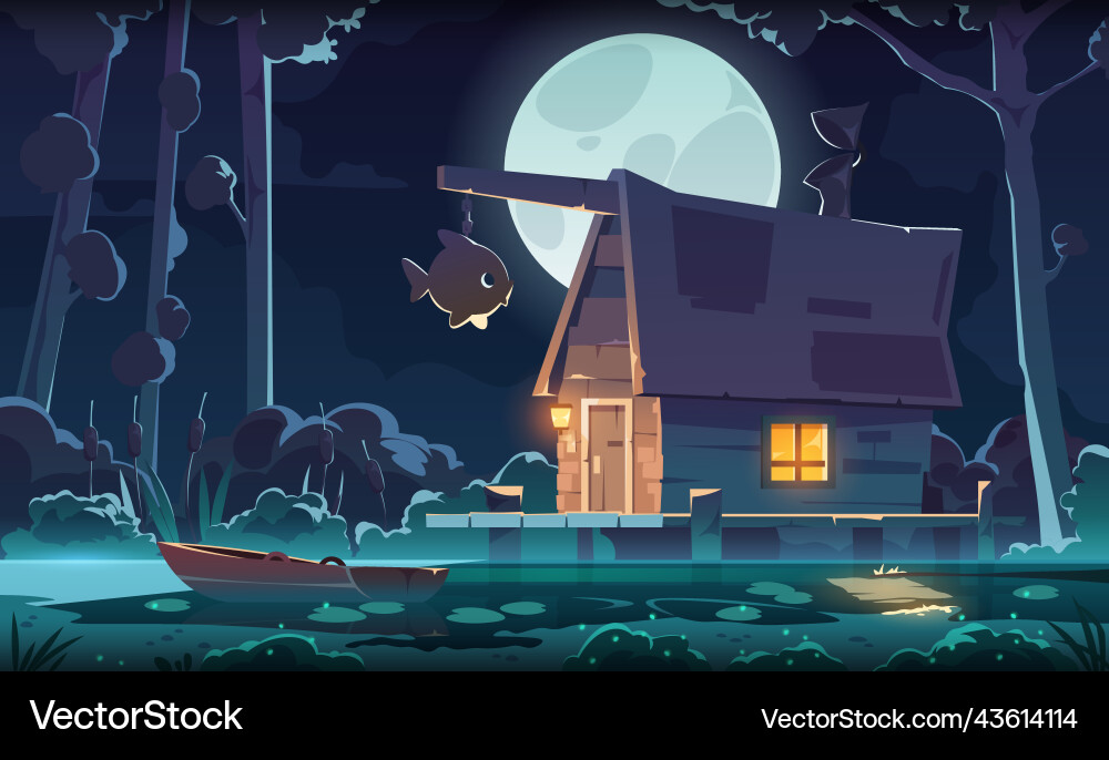 Swamp Night Fantasy Cabin Royalty Free Vector Image