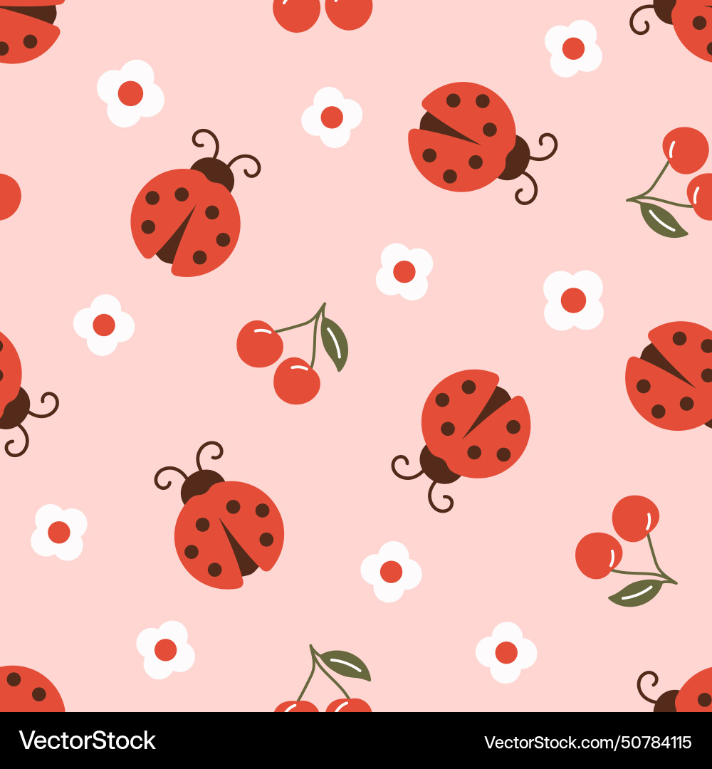 Ladybug with cherry and flower seamless pattern Vector Image