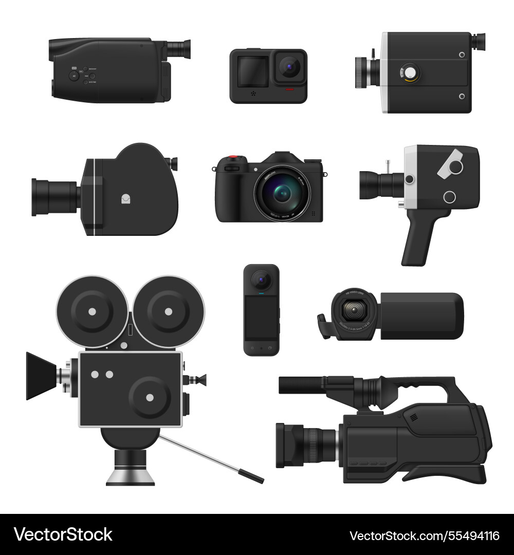 Black video camera modern and retro device Vector Image