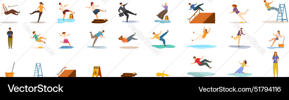 Slip people icons set falling down on wet Vector Image