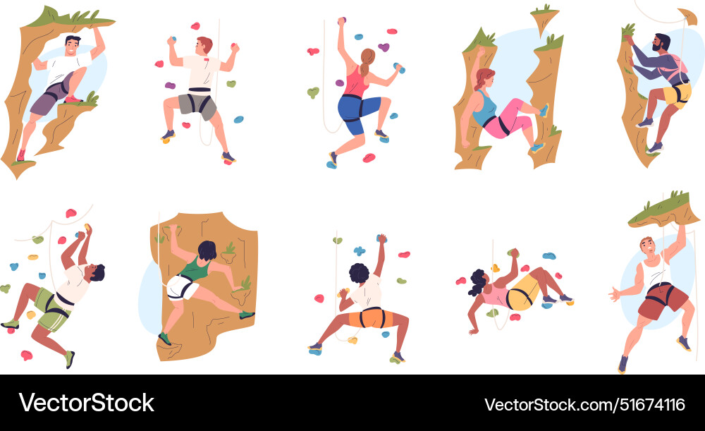 Wall climbers rock climbing team people Royalty Free Vector