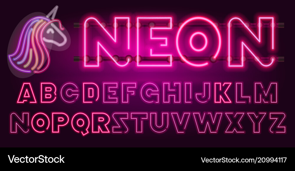 80 s purple neon retro font and unicorn Royalty Free Vector