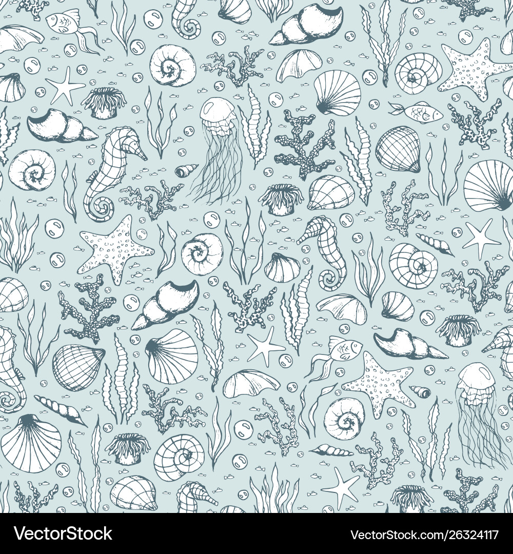 Hand drawn sea life pattern with fish seahorse Vector Image