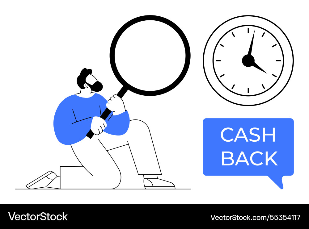 Man with magnifying glass clock and cashback Vector Image