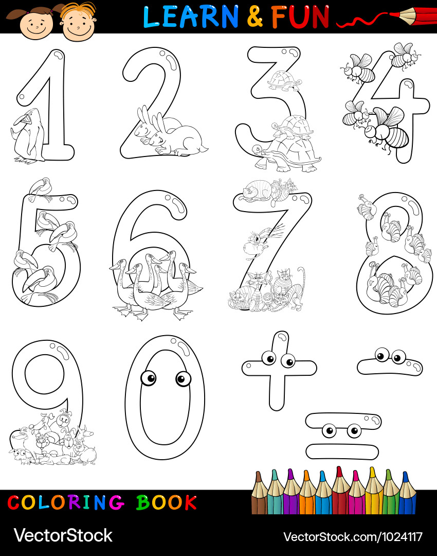 Numbers with cartoon animals for coloring Vector Image