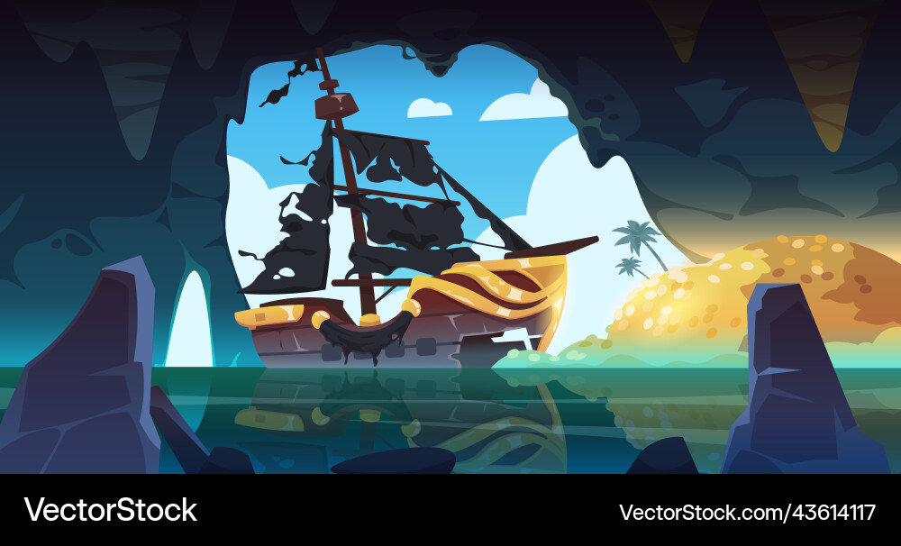 Pirate ship in cave cartoon background Royalty Free Vector