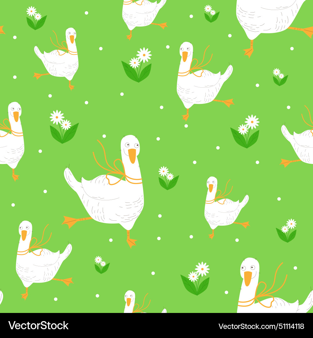 Seamless crazy white goose duck daisies Royalty Free Vector