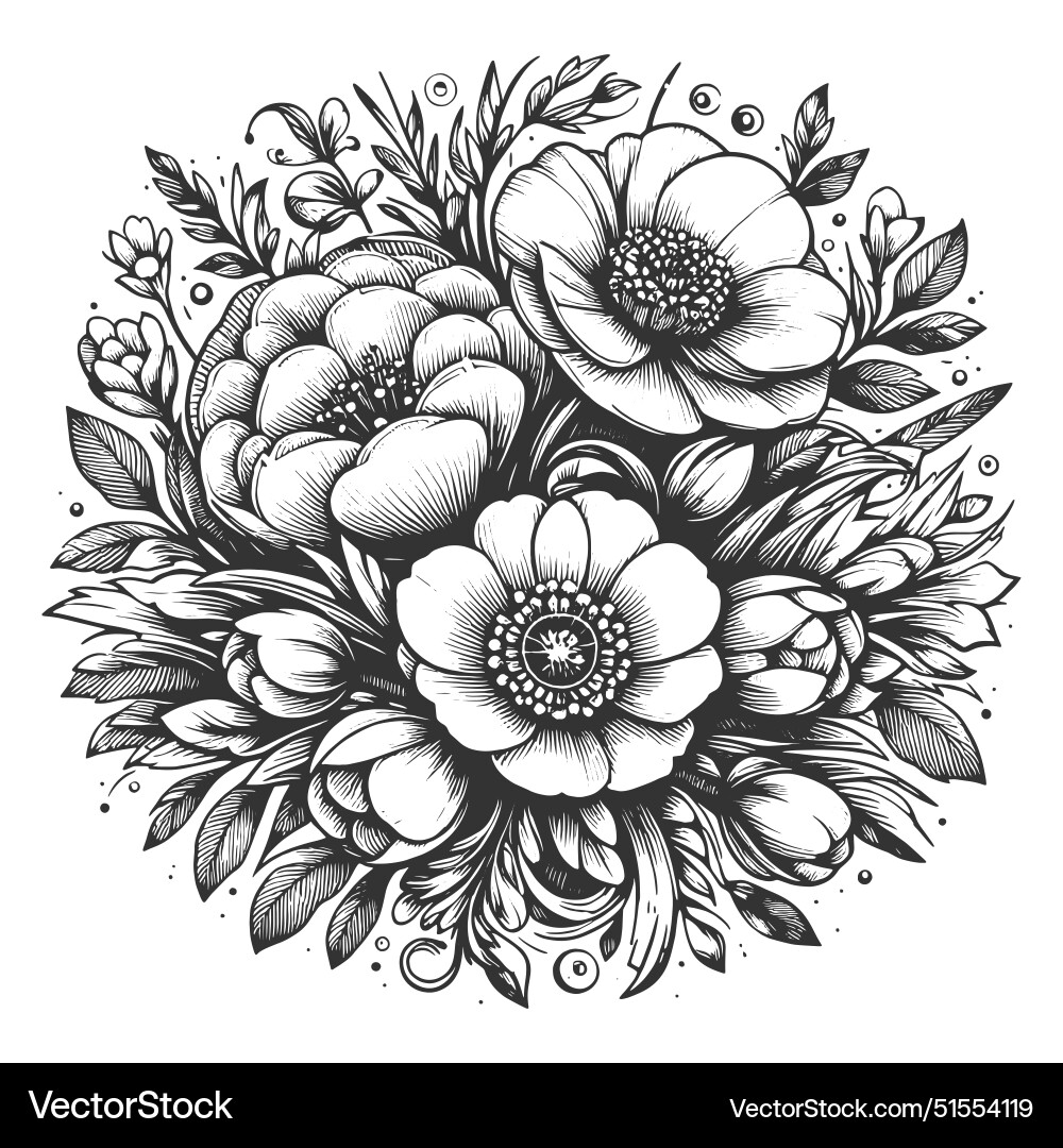 Floral bridal bouquet engraving Royalty Free Vector Image