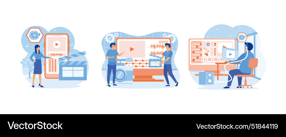 Video editor studio persons concept with camera Vector Image