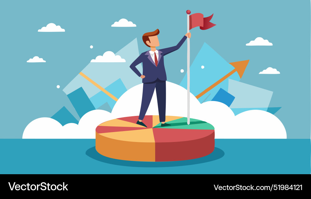 Businessman standing on pie chart with flag Vector Image