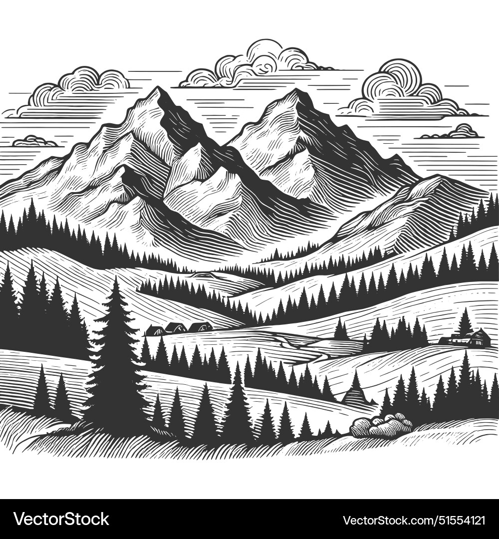 Mountain landscape with forest engraving Vector Image