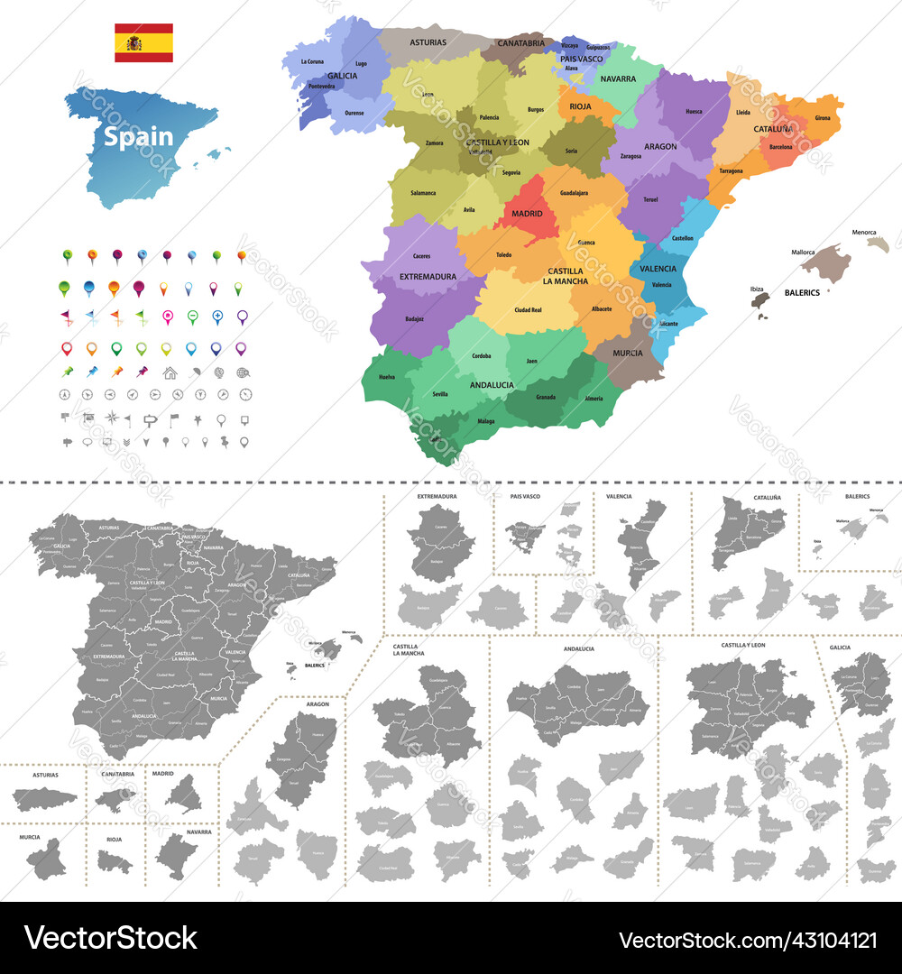 Spain high detailed map colored by autonomous Vector Image
