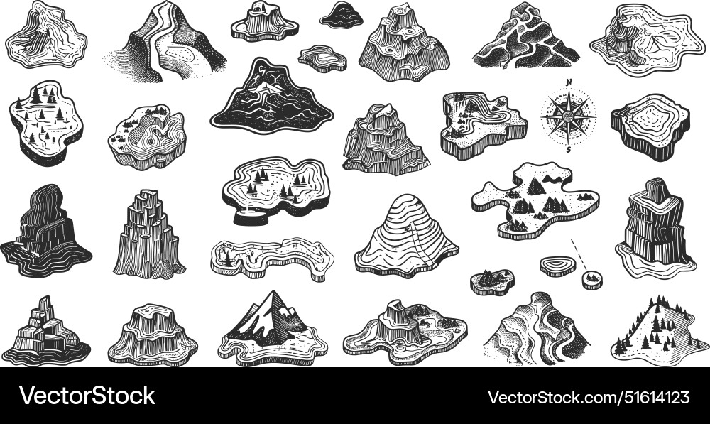 Doodle topographic map details set hand-drawn Vector Image