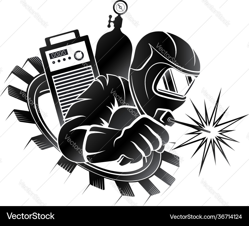 Welder in mask uniform with welding machine Vector Image