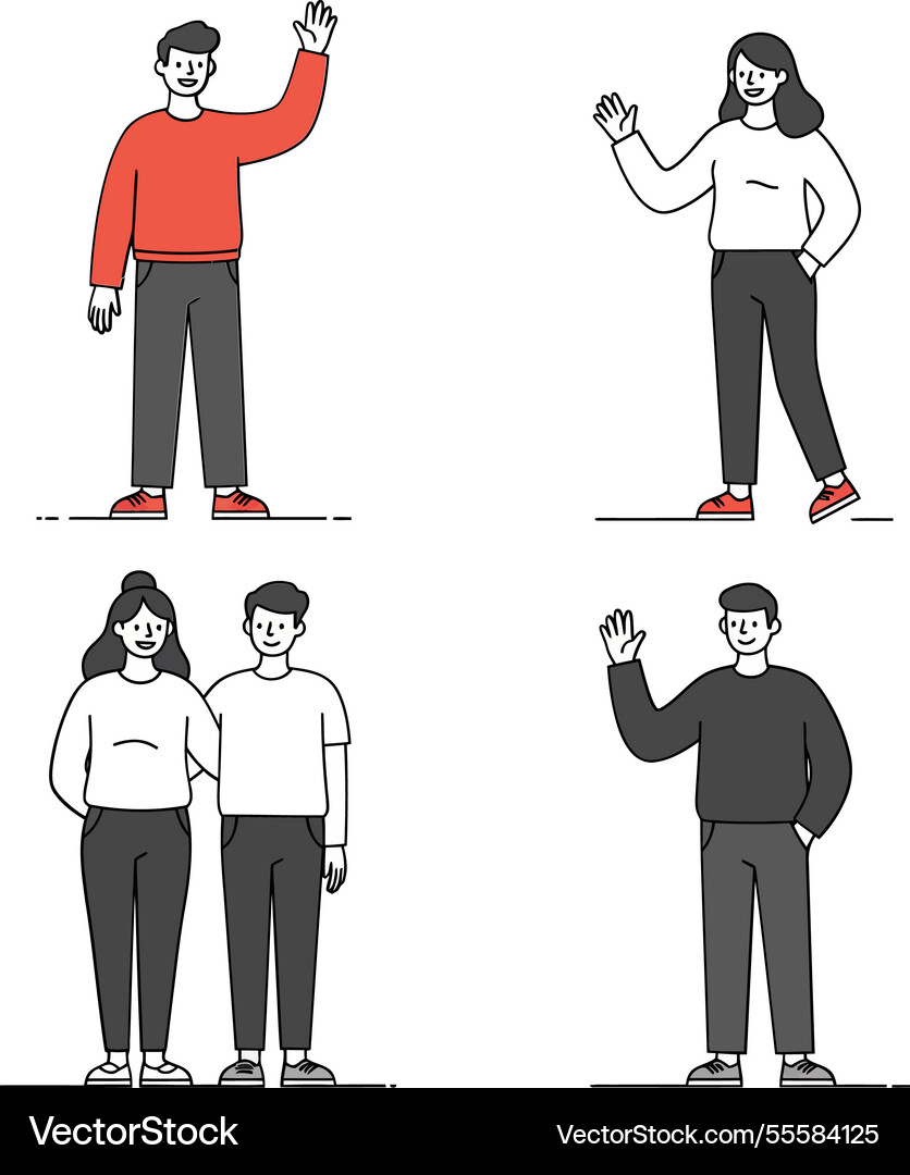 Four diverse characters waving in a flat design Vector Image