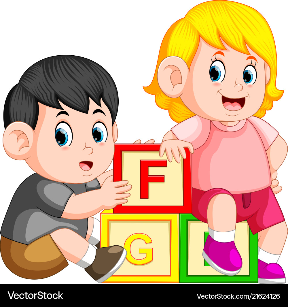 Kids playing with alphabet block Royalty Free Vector Image