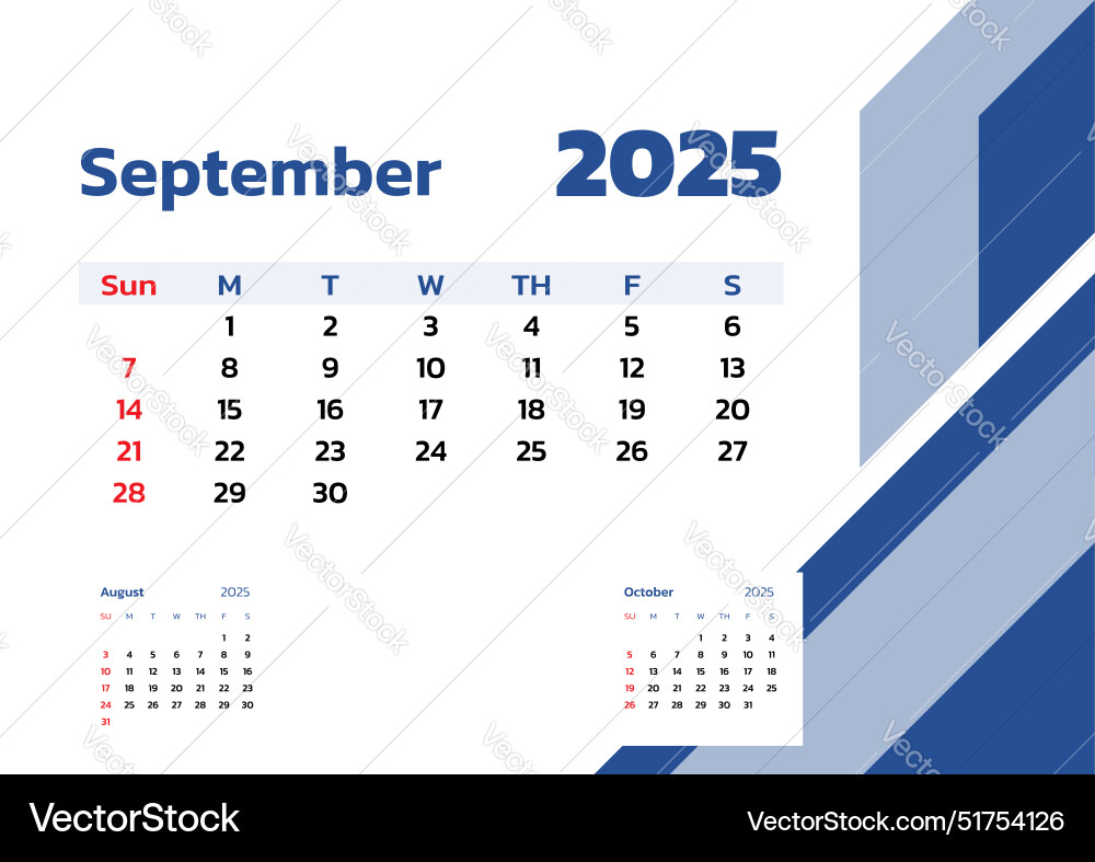 September 2025 calendar week start on sunday Vector Image