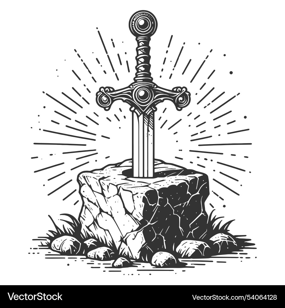 Sword in stone medieval engraving sketch Vector Image