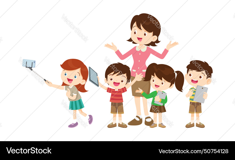 Teacher and kids learning computer technology Vector Image