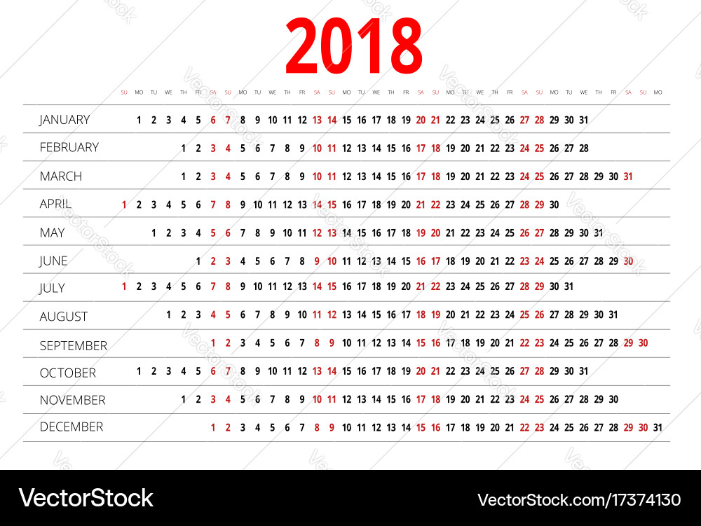 2018 calendar print template week starts sunday Vector Image