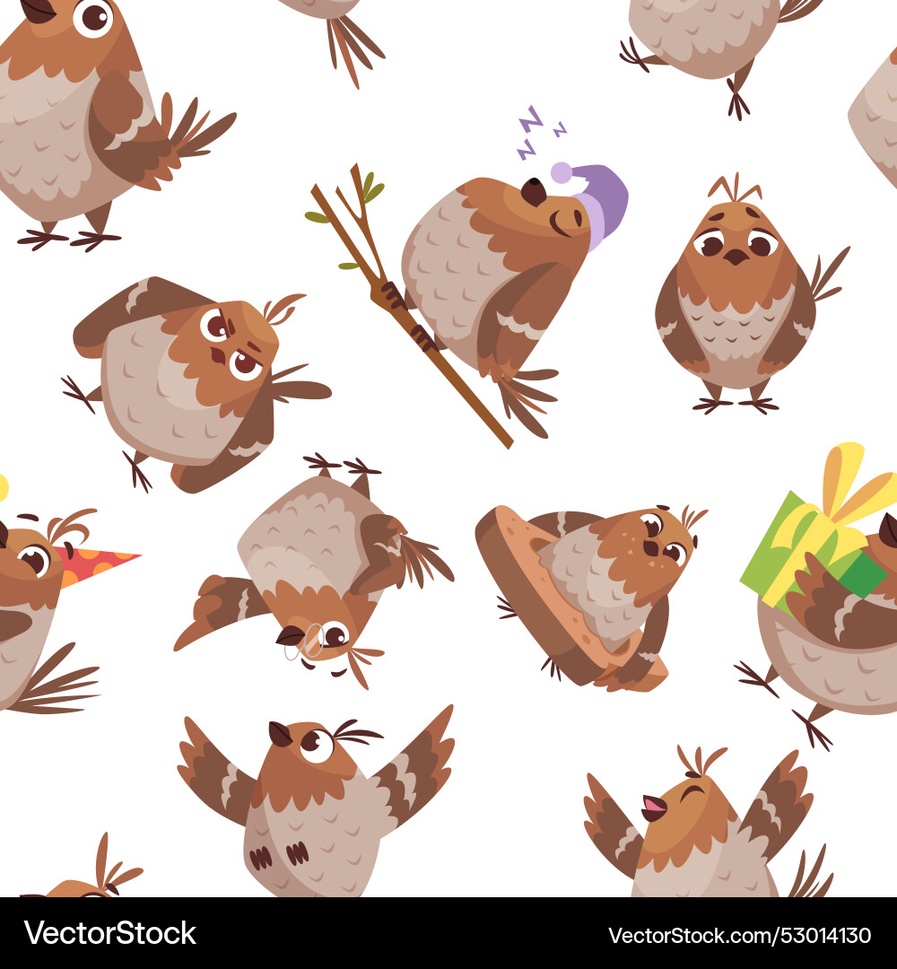Birds pattern funny cartoon sparrows in different Vector Image