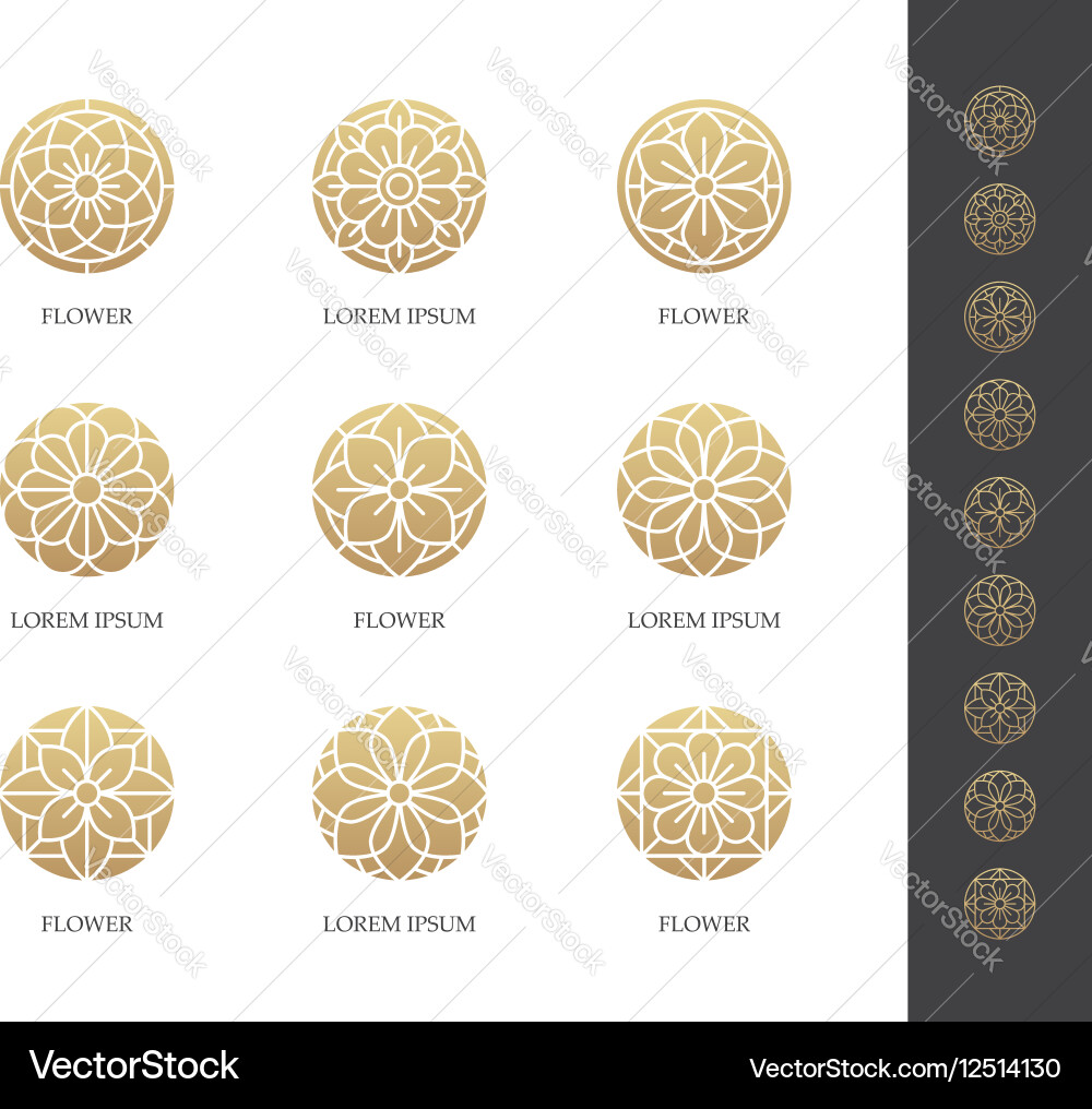Golden round flower logo set Royalty Free Vector Image
