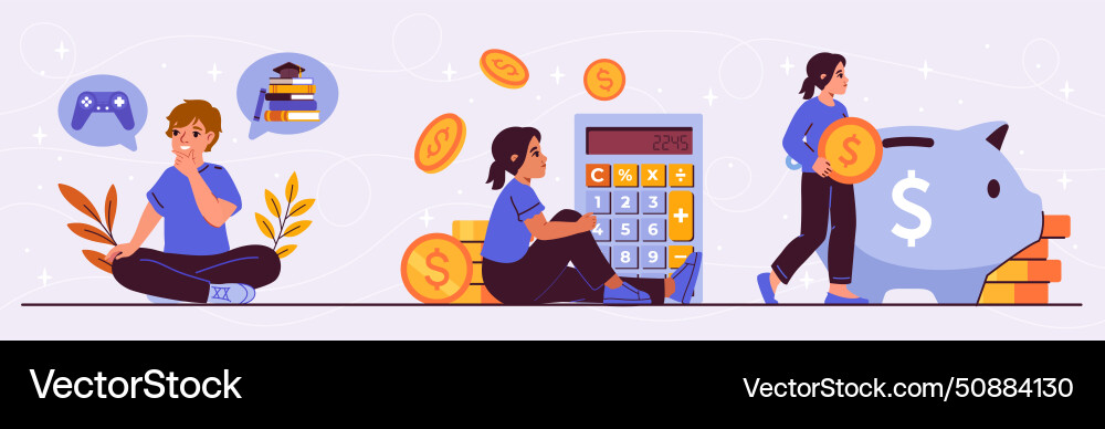 Kids learning financial skills set Royalty Free Vector Image