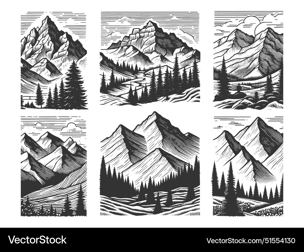 Mountain landscape set engraving Royalty Free Vector Image
