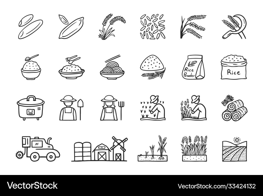 Rice icon set hand drawn doodle icons Royalty Free Vector