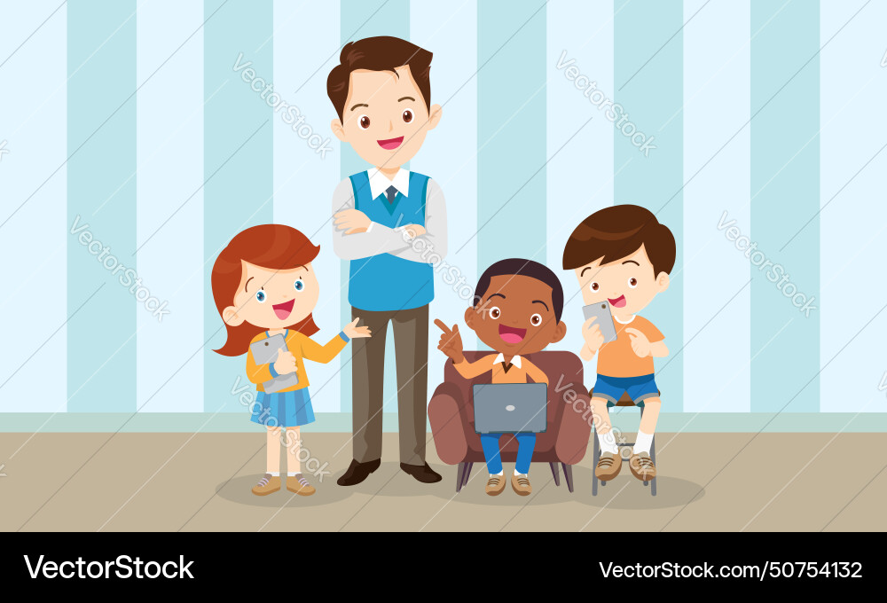 Teacher and kids learning computer technology Vector Image