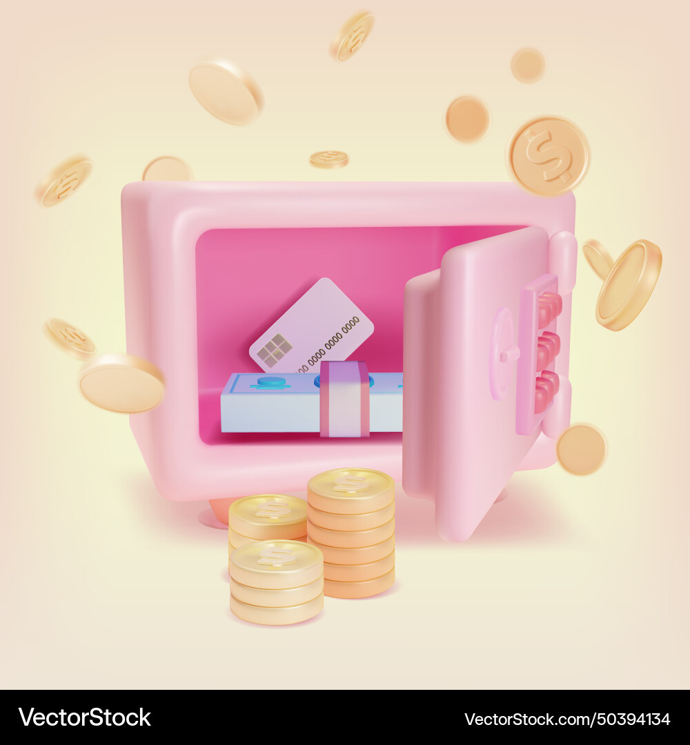 3d open safe with different money cartoon style Vector Image